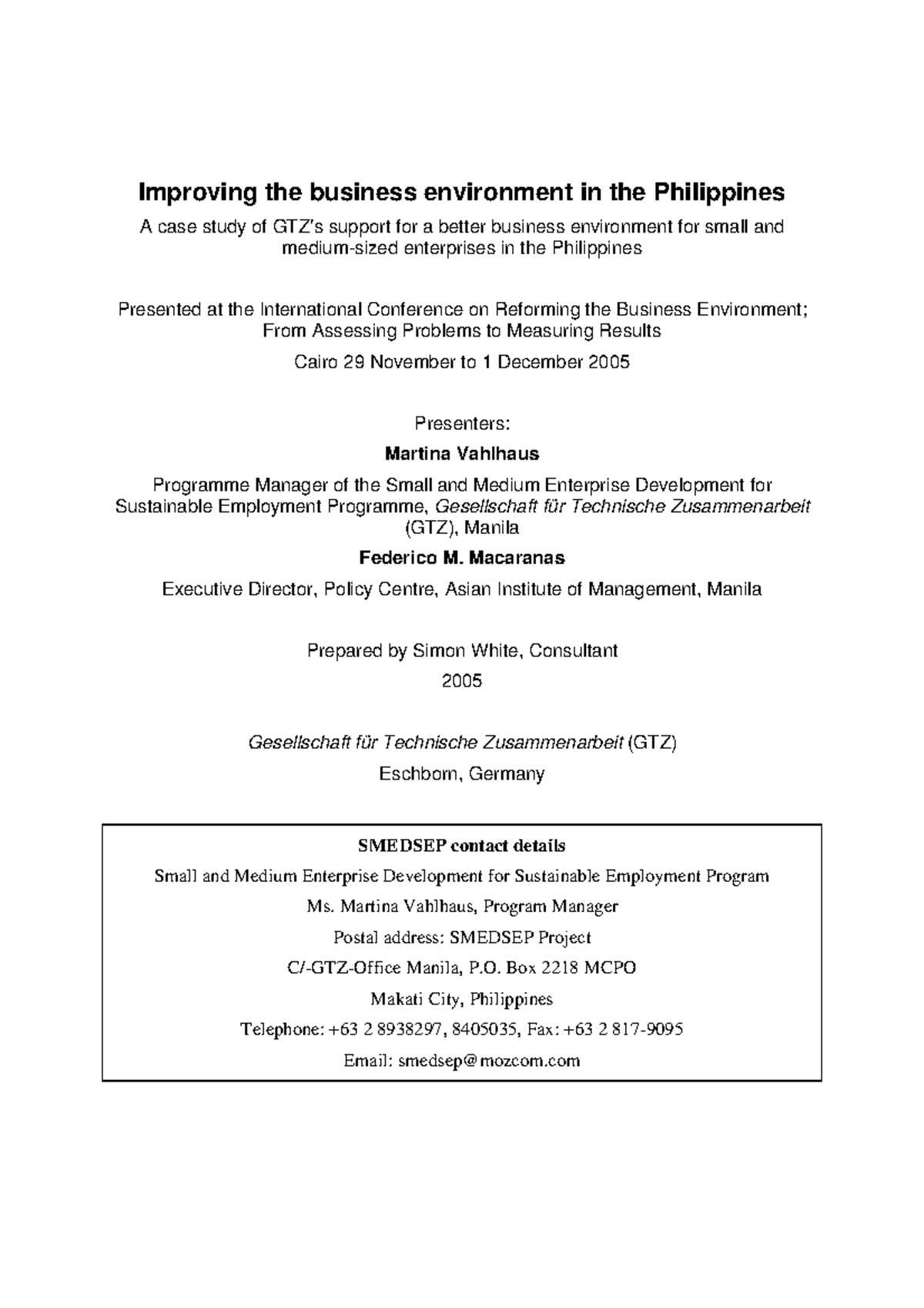 Business Environment PH - A case study of GTZ’s support for a better ...