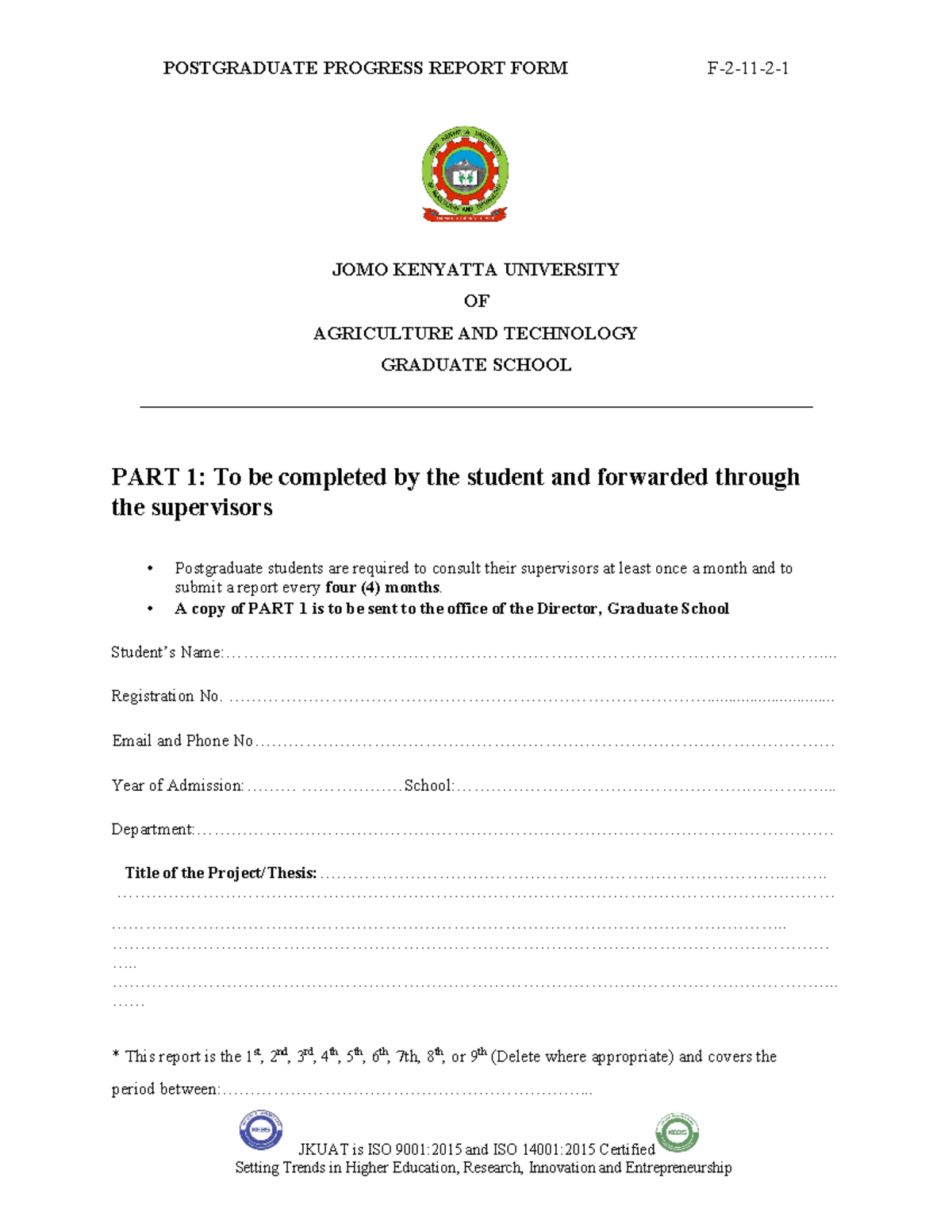GS Progress Report form - JOMO KENYATTA UNIVERSITY OF AGRICULTURE AND ...