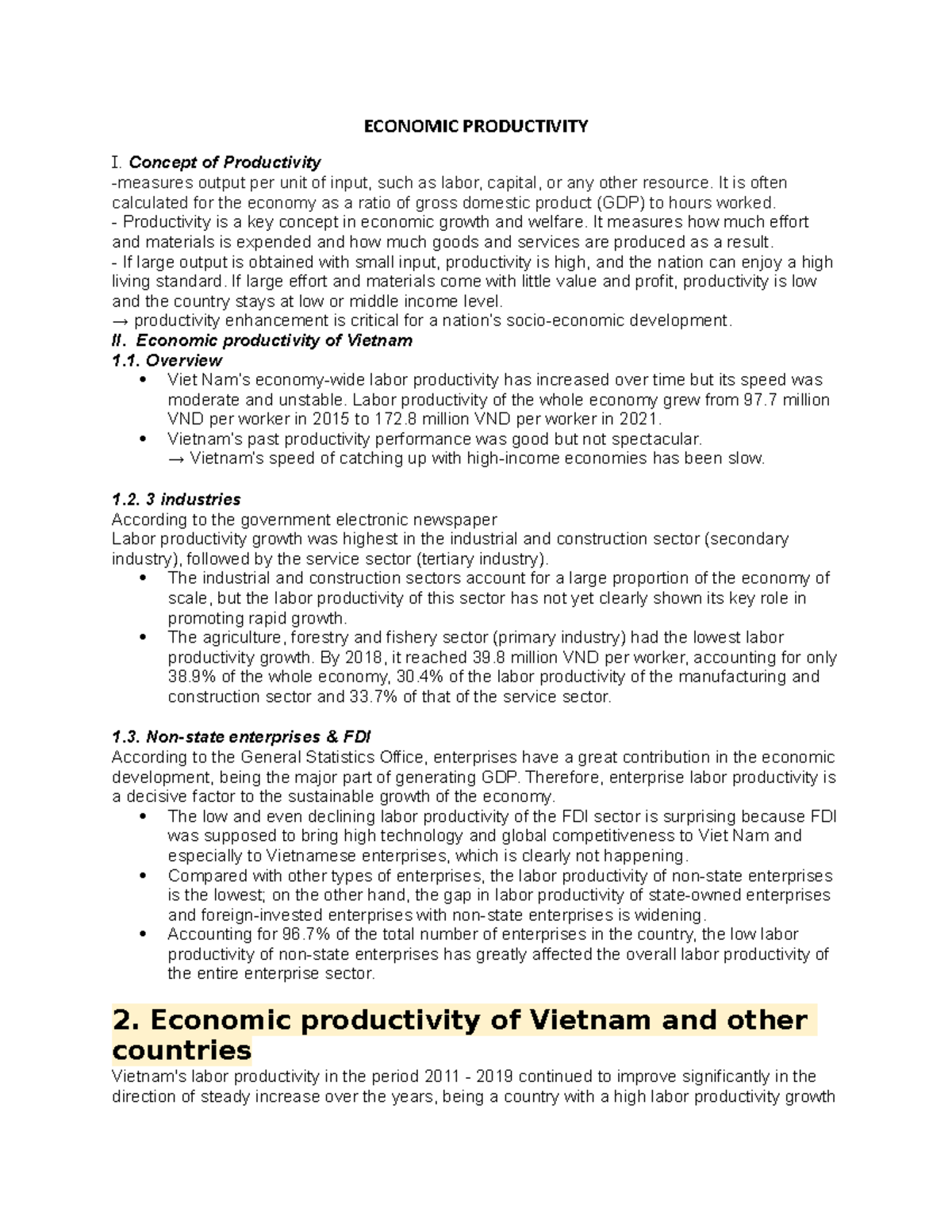 Economic- Productivity - ECONOMIC PRODUCTIVITY I. Concept of ...
