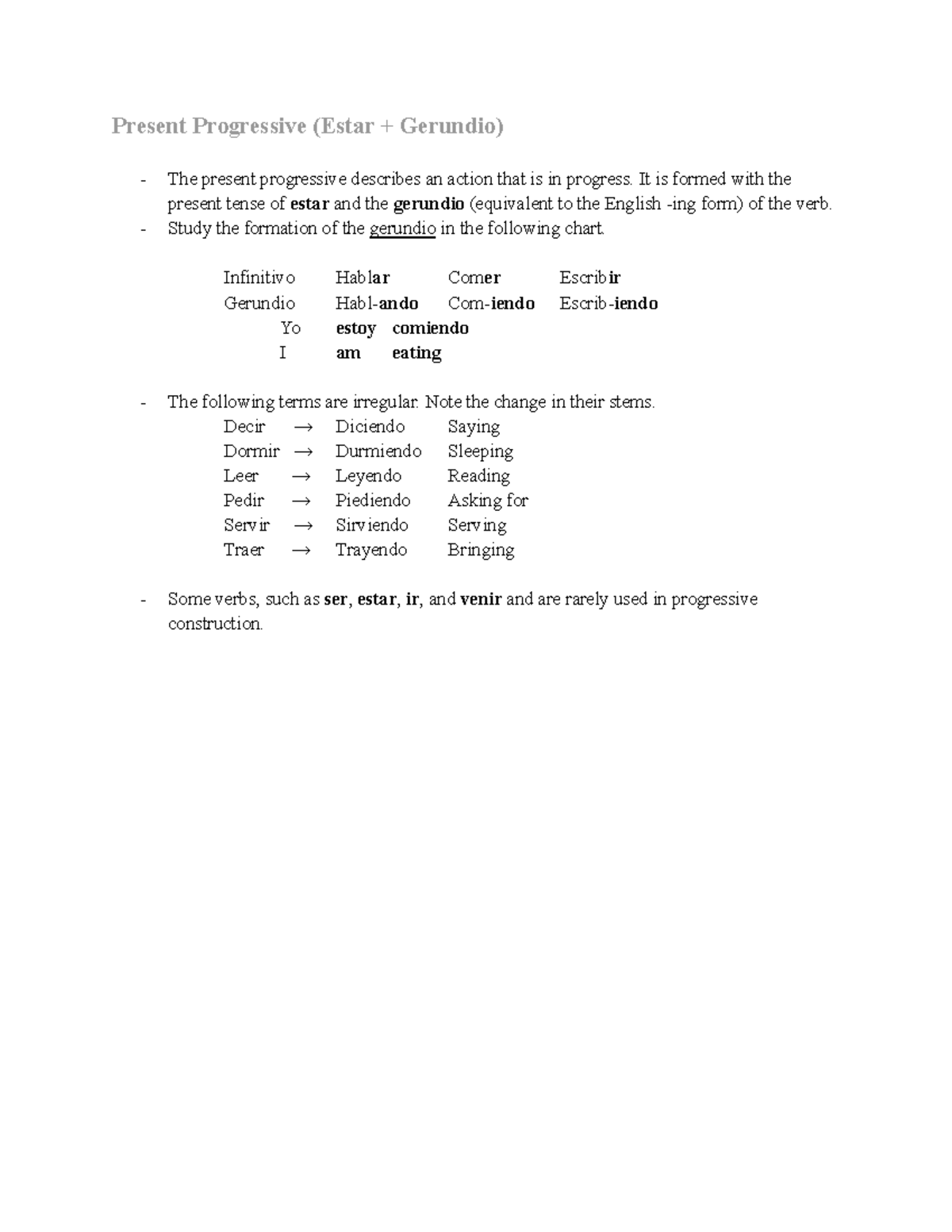 SPAN 114 Leccion 5 - Pr. Torres - Present Progressive (Estar + Gerundio ...