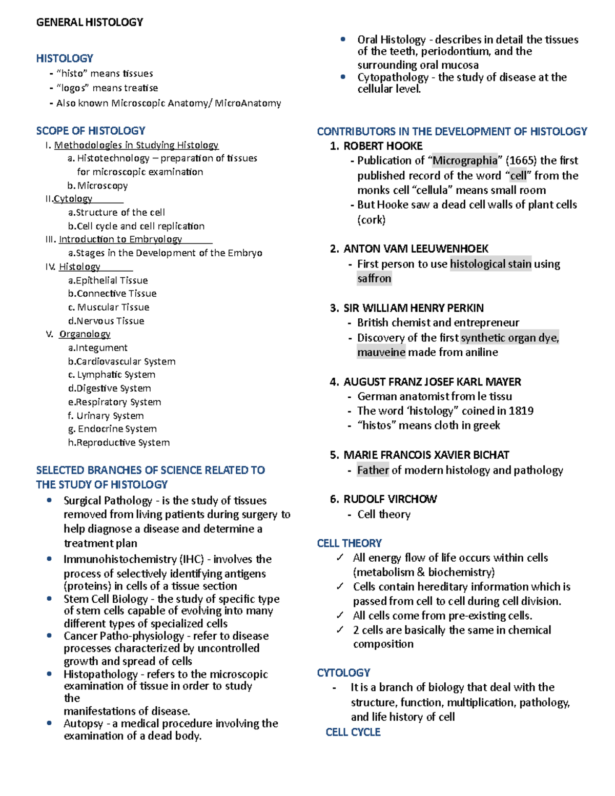 General Histology - Lecture notes 1-10 - GENERAL HISTOLOGY HISTOLOGY ...