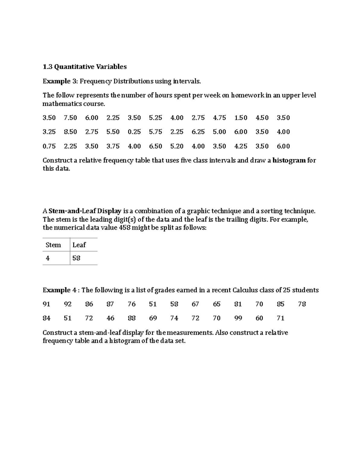Statistical Methods 2300 Chapter 1 Notes - 1 Quantitative Variables ...