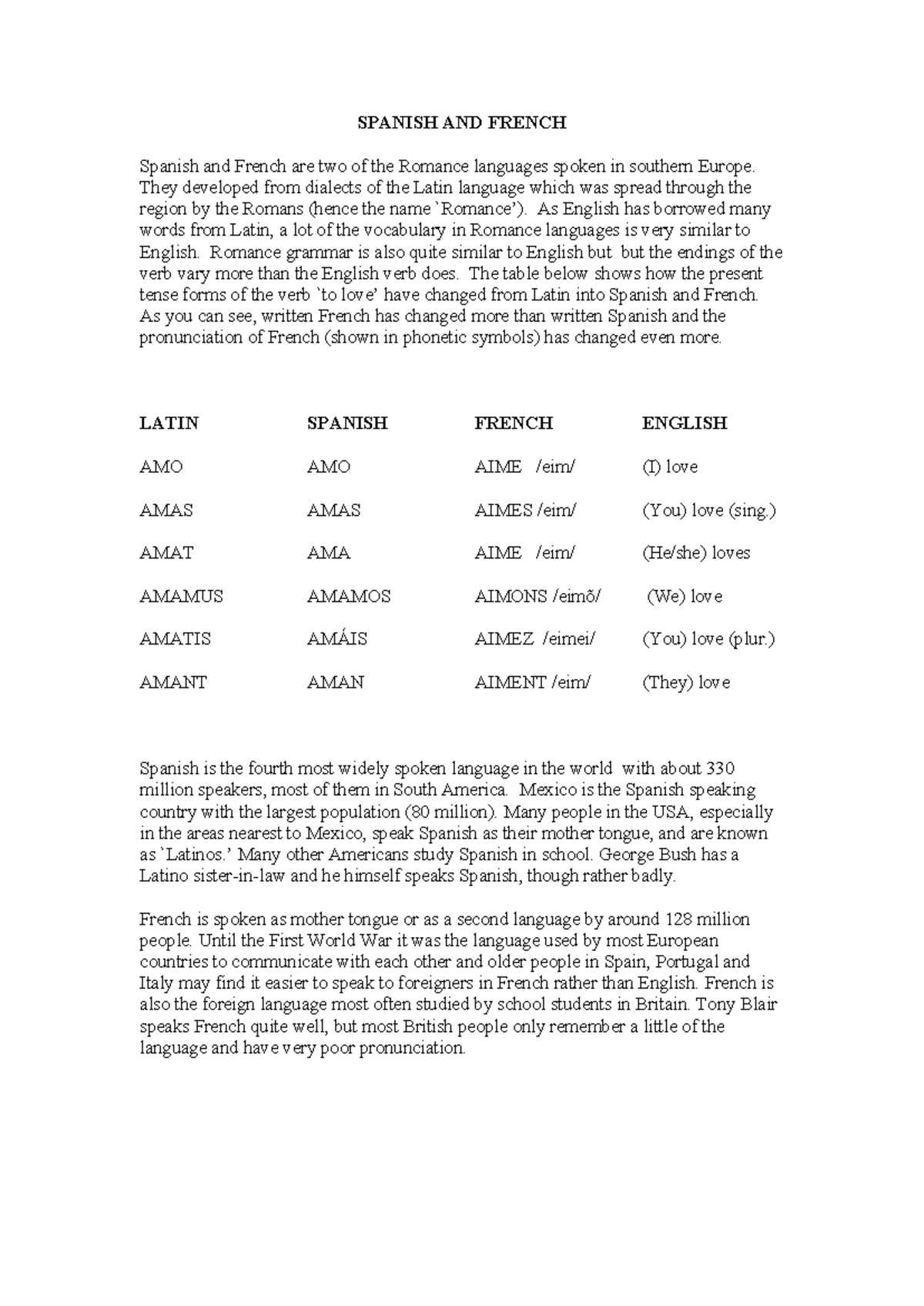 Spanish and french - SPANISH AND FRENCH Spanish and French are two of ...