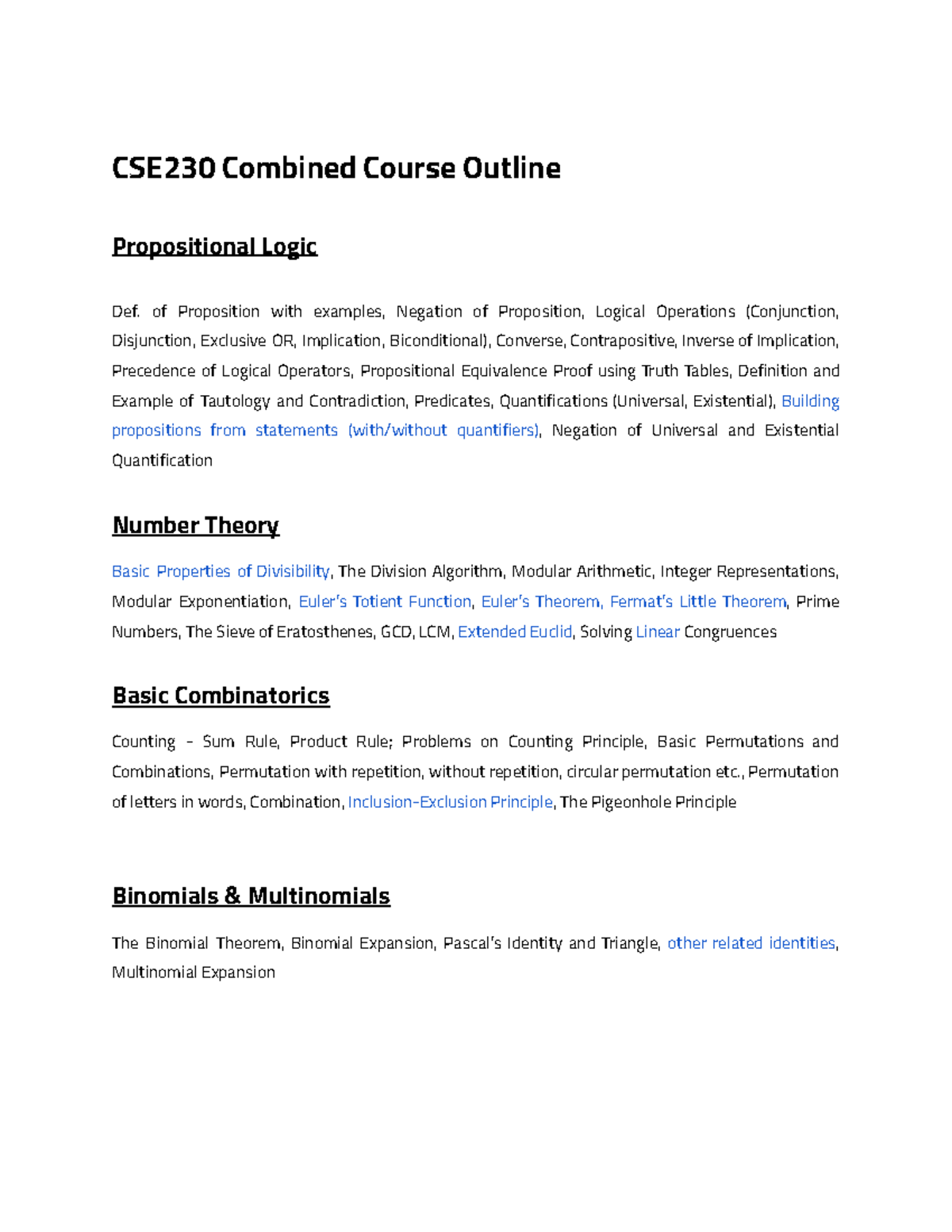 CSE230 Course Contents - CSE230 Combined Course Outline Propositional Logic Def. of Proposition ...