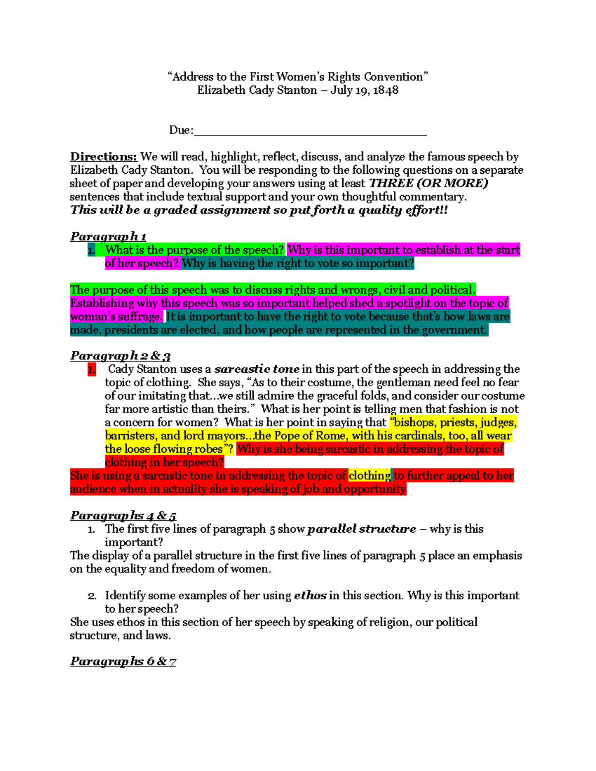 Speech Analysis Questions (15) - “Address to the First Women’s Rights ...