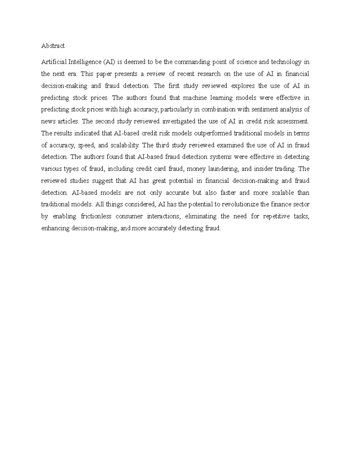 Artificial Intelligence (AI) and its use in financial - Abstract ...