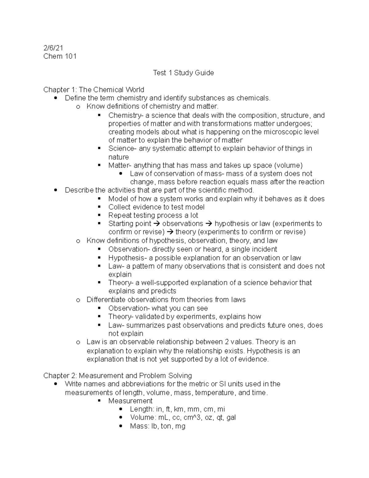 Test 1 Study Guide - CHEM 101 - Southeastern - Studocu
