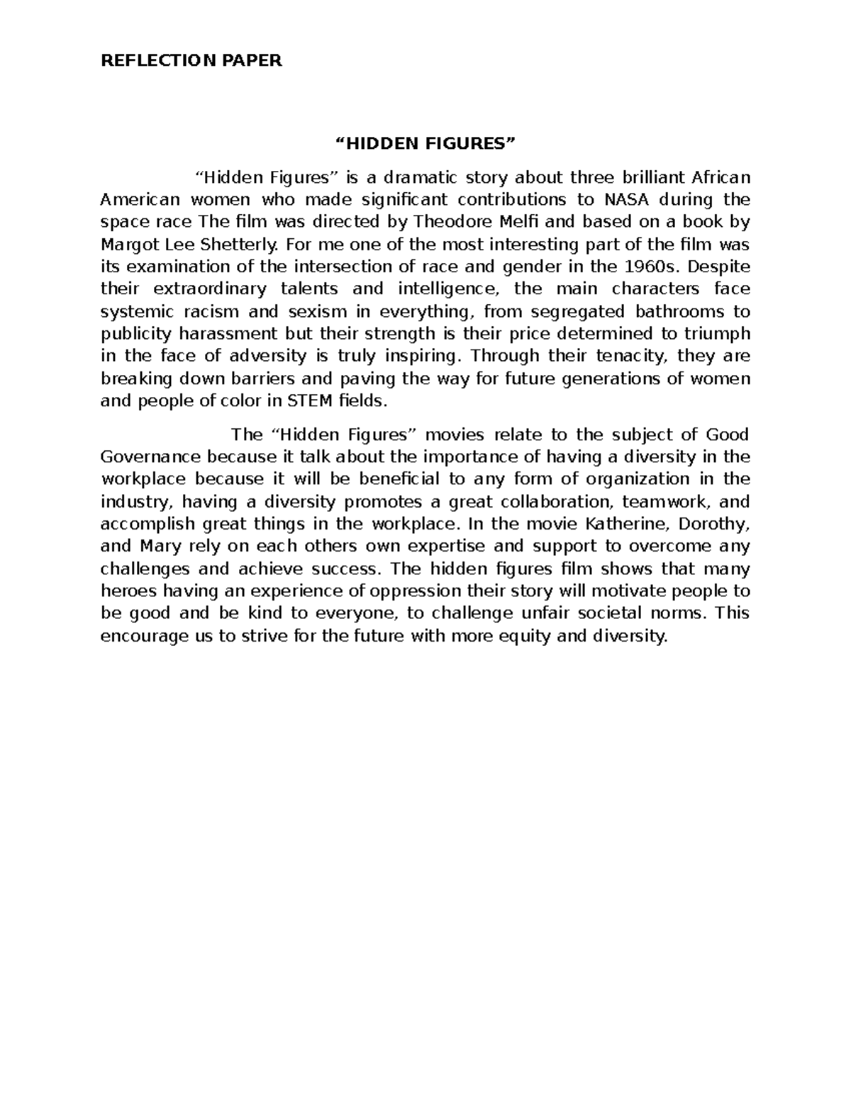 Hidden Figures Reflection Paper - REFLECTION PAPER “HIDDEN FIGURES ...