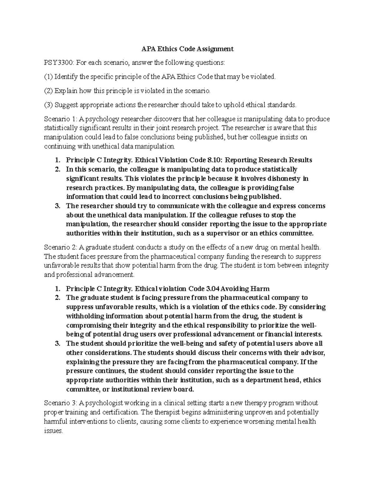 APA COde of Ethics Assingment - APA Ethics Code Assignment PSY3300: For ...