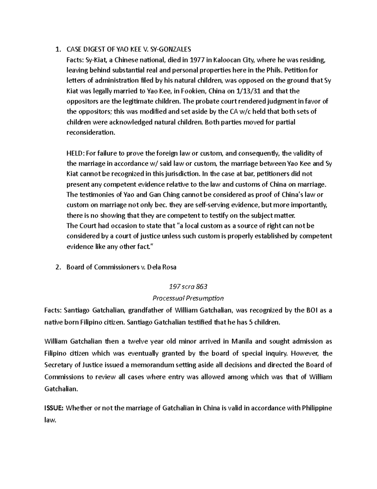 Civil Law Case Digest 1st Batch Edited - 1. CASE DIGEST OF YAO KEE V ...