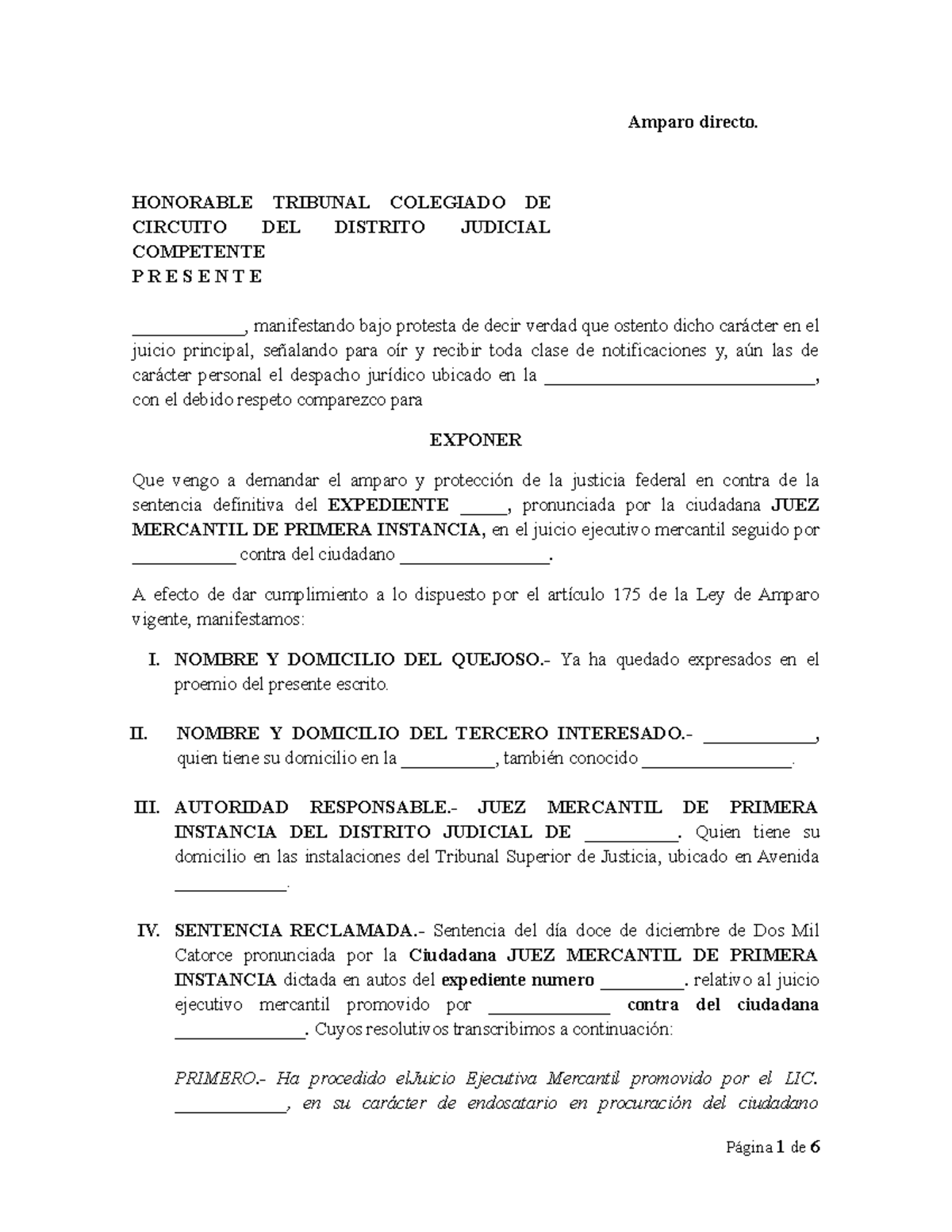 formato de amparo directo - Amparo directo. HONORABLE TRIBUNAL ...