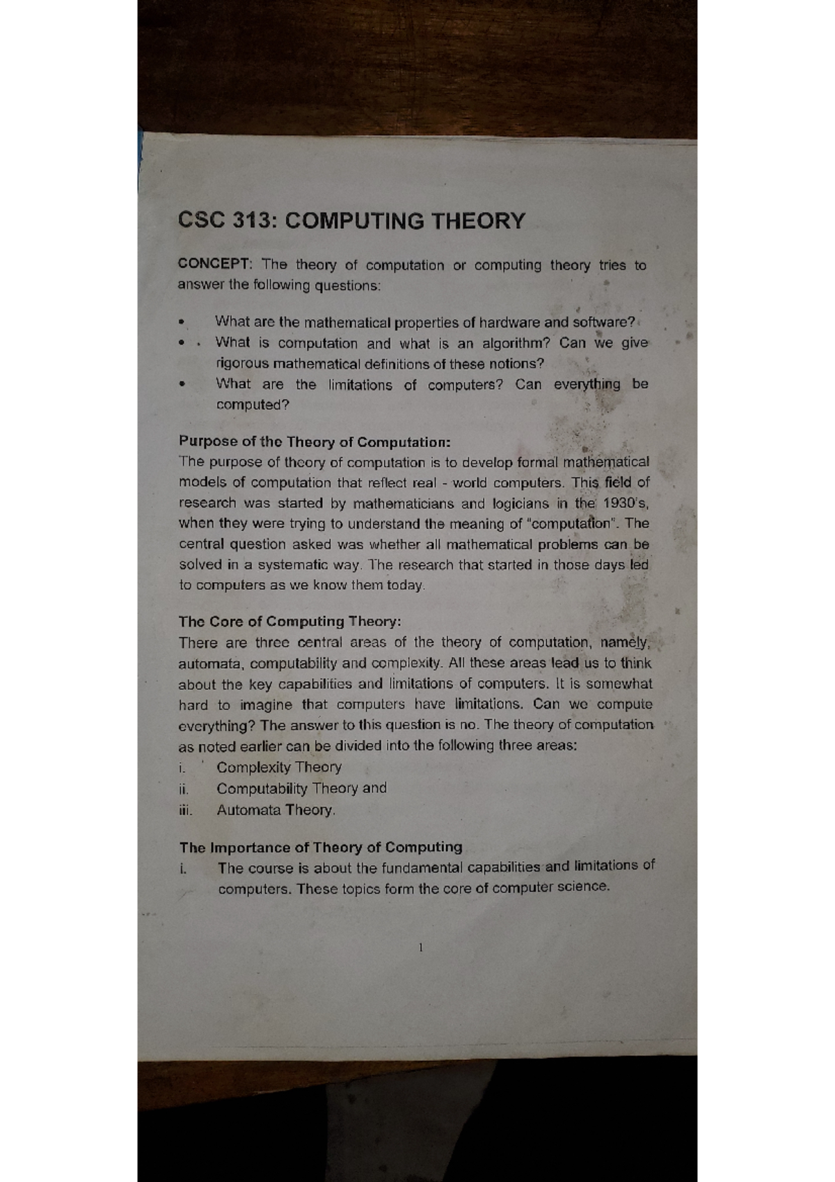 CSC 313-1 - CSC313 course materials - CSC 313: COMPUTING THEORY CONCEPT: The theory of ...