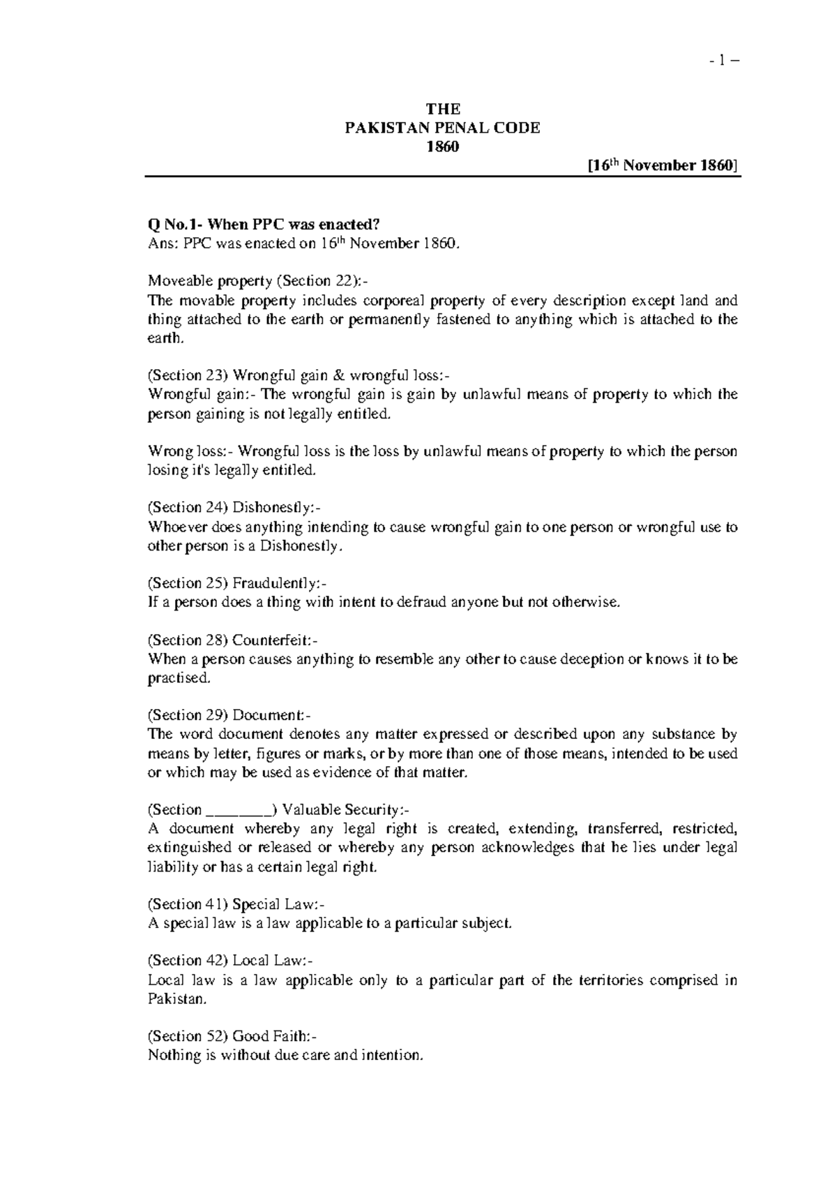 Ppc Q:A - Ppc question answer - Pakistan Penal code - AWKUM - Studocu