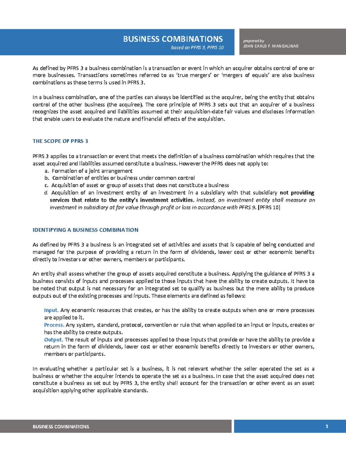 Business Combinations Notes - BUSINESS COMBINATIONS 1UI based on PFRS 3 ...