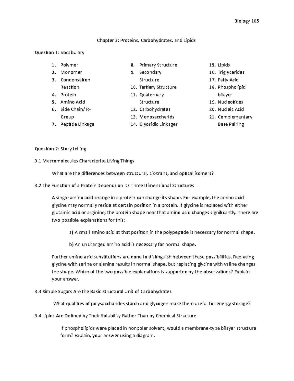 Lecture 2 Molecules of life - Biology 105 Chapter 3: Proteins ...