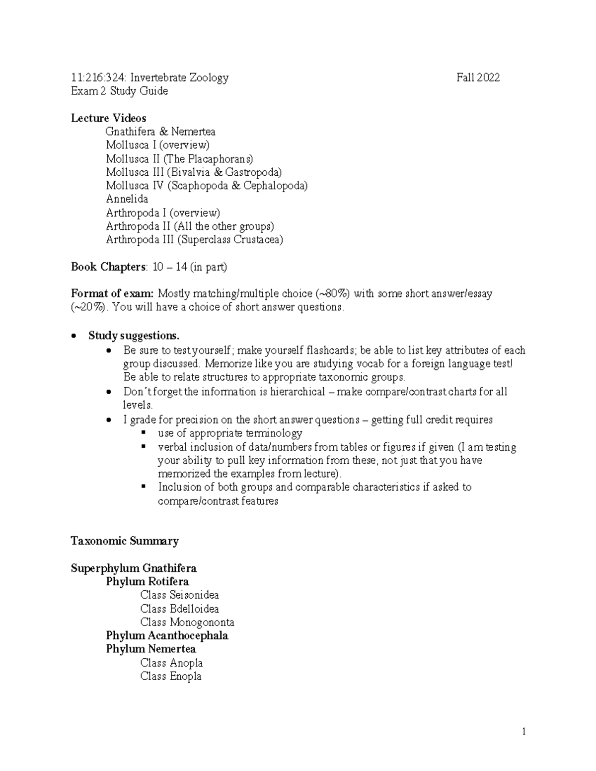 IZStudy Guide Exam 2 22 - 1 11:216:324: Invertebrate Zoology Fall 2022 ...