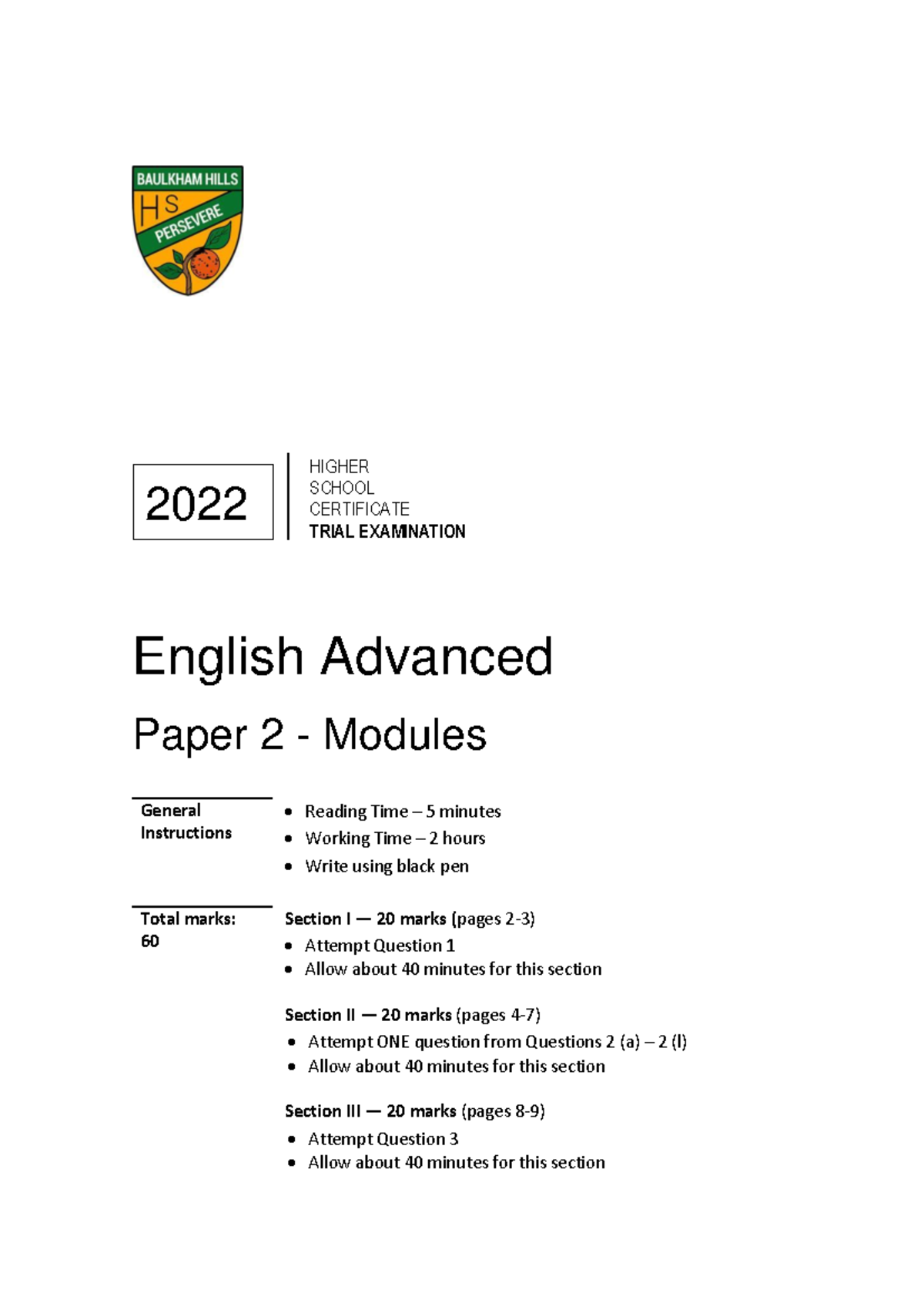 Baulkham Hills 2022 English Trial Paper 2 Advanced - English Advanced ...