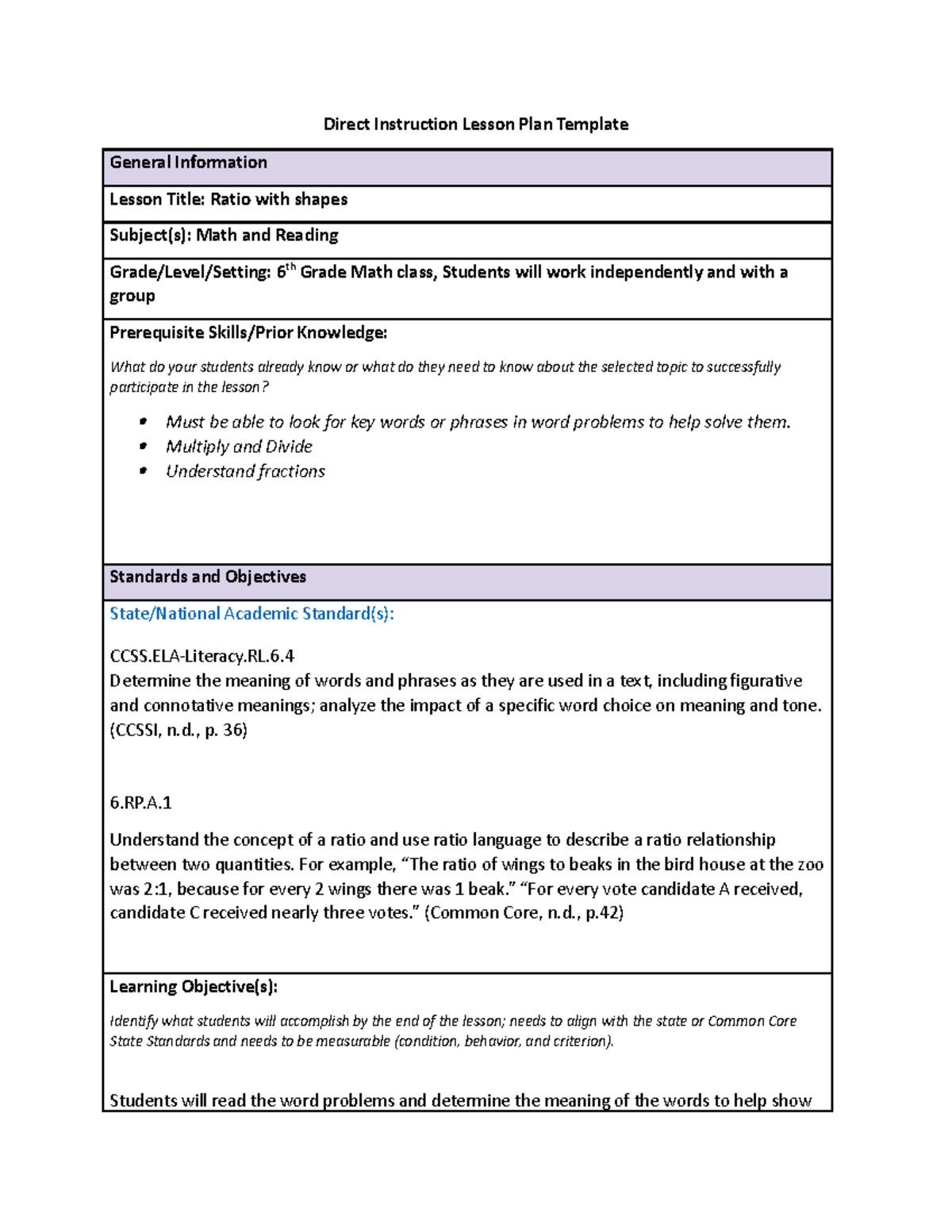 1QNM1 Lesson Plan Task 1 - Direct Instruction Lesson Plan Template ...