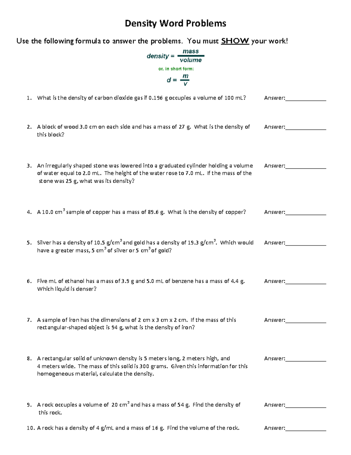 Density Word Problems - Chemistry stuff - Density Word Problems Use the ...