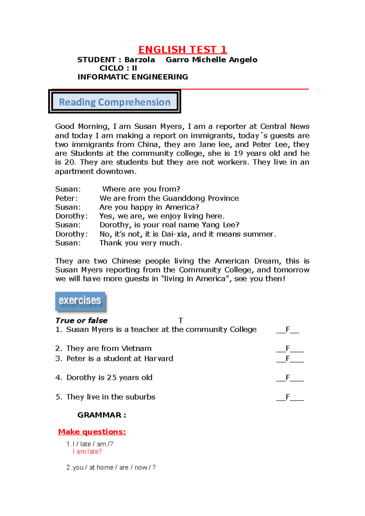 English TEST - Test de Inglés - ENGLISH TEST 1 STUDENT : Barzola Garro ...