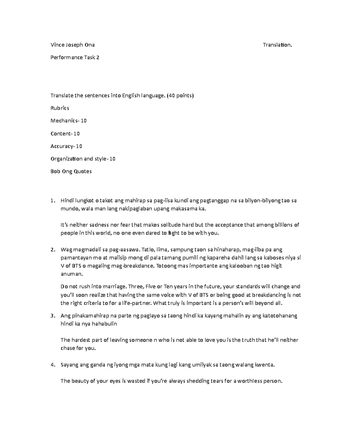 Performance TASK 2 - Vince Joseph Ona Translation. Performance Task 2 ...