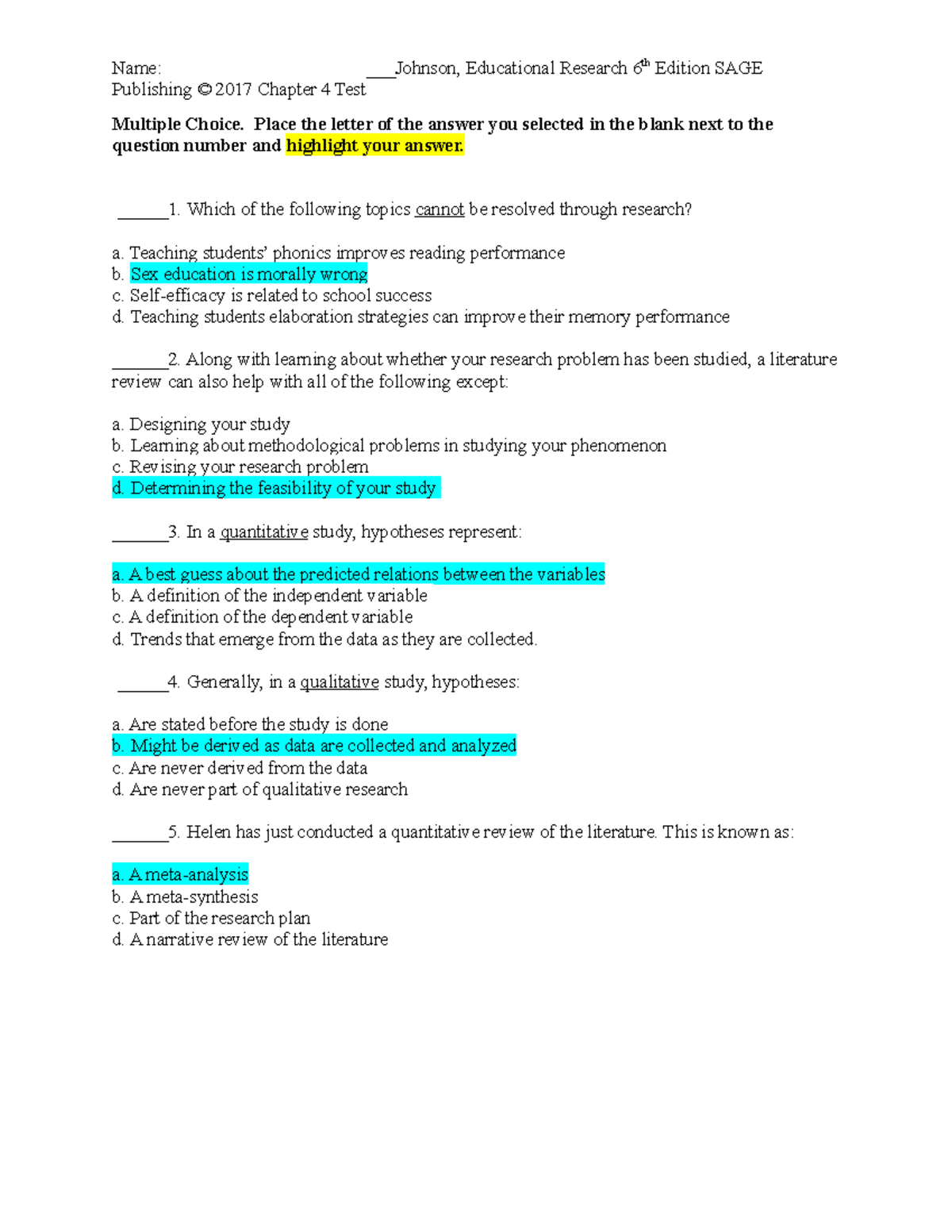 Johnson Chapter 4 Test - Publishing © 2017 Chapter 4 Test Multiple ...