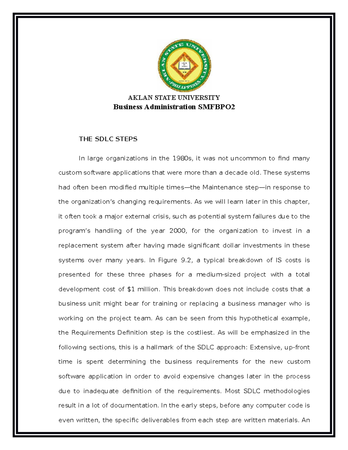 THE SDLC Steps - Business Administration SMFBPO2 lecture notes that can ...