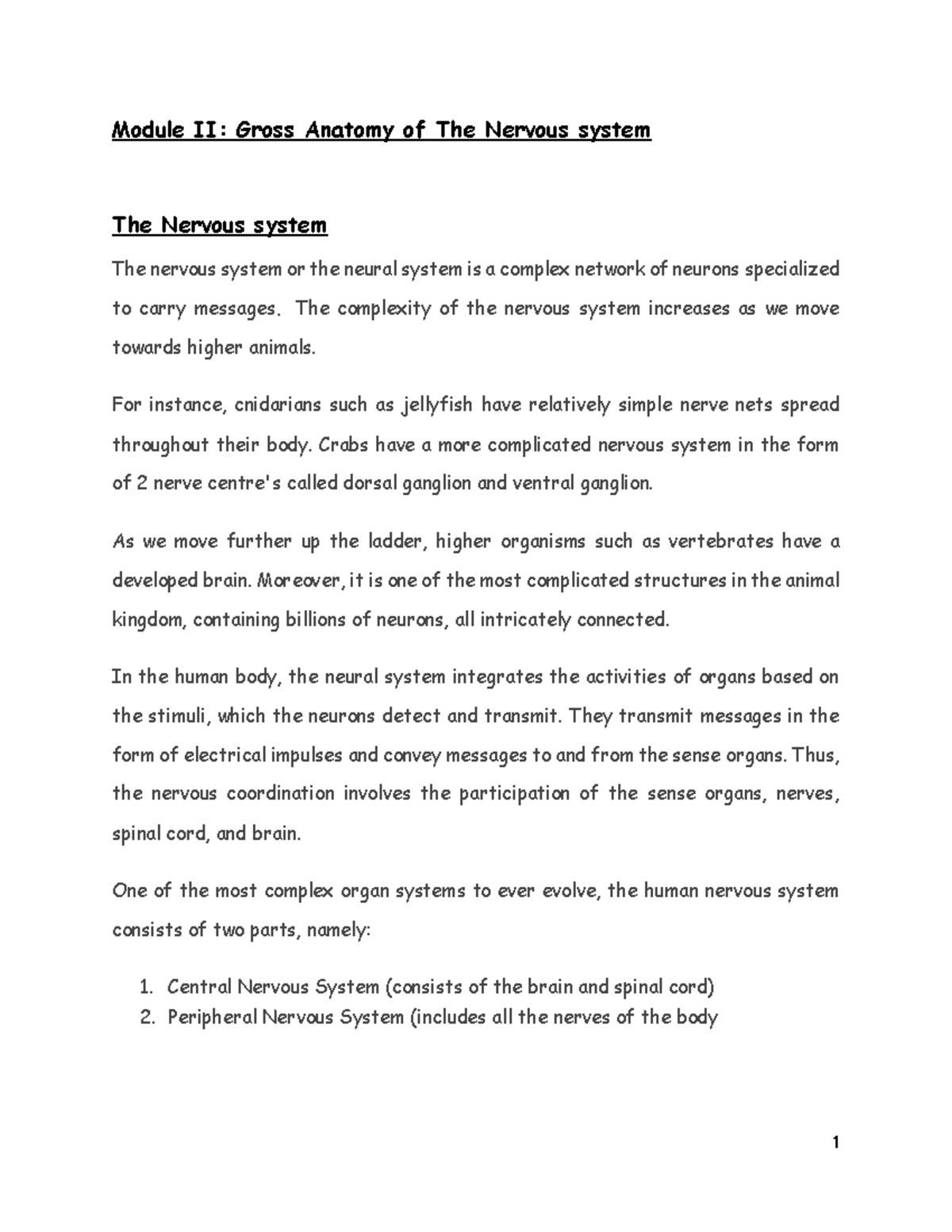 gross anatomy of nervous system - Module II: Gross Anatomy of The Nervous system The Nervous ...