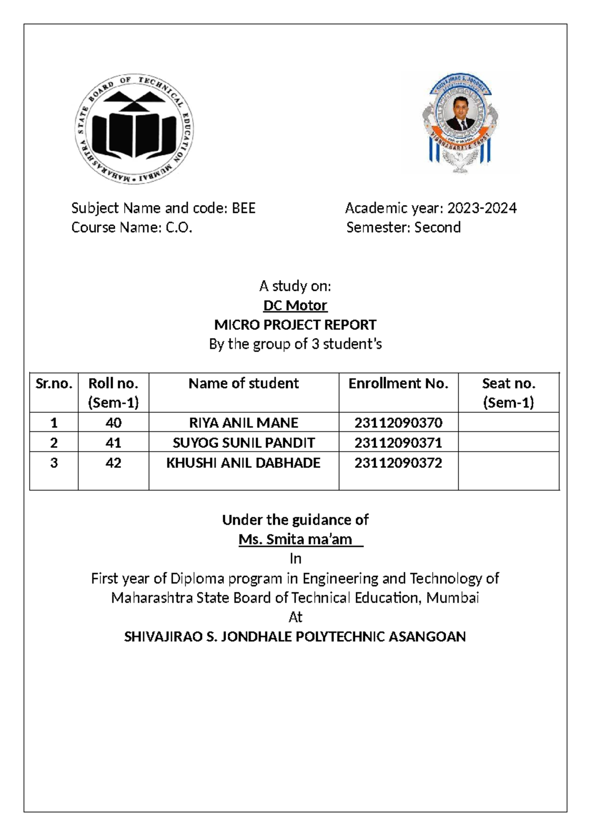 Microproject Hardcopy (BEE) - Subject Name and code: BEE Academic year ...