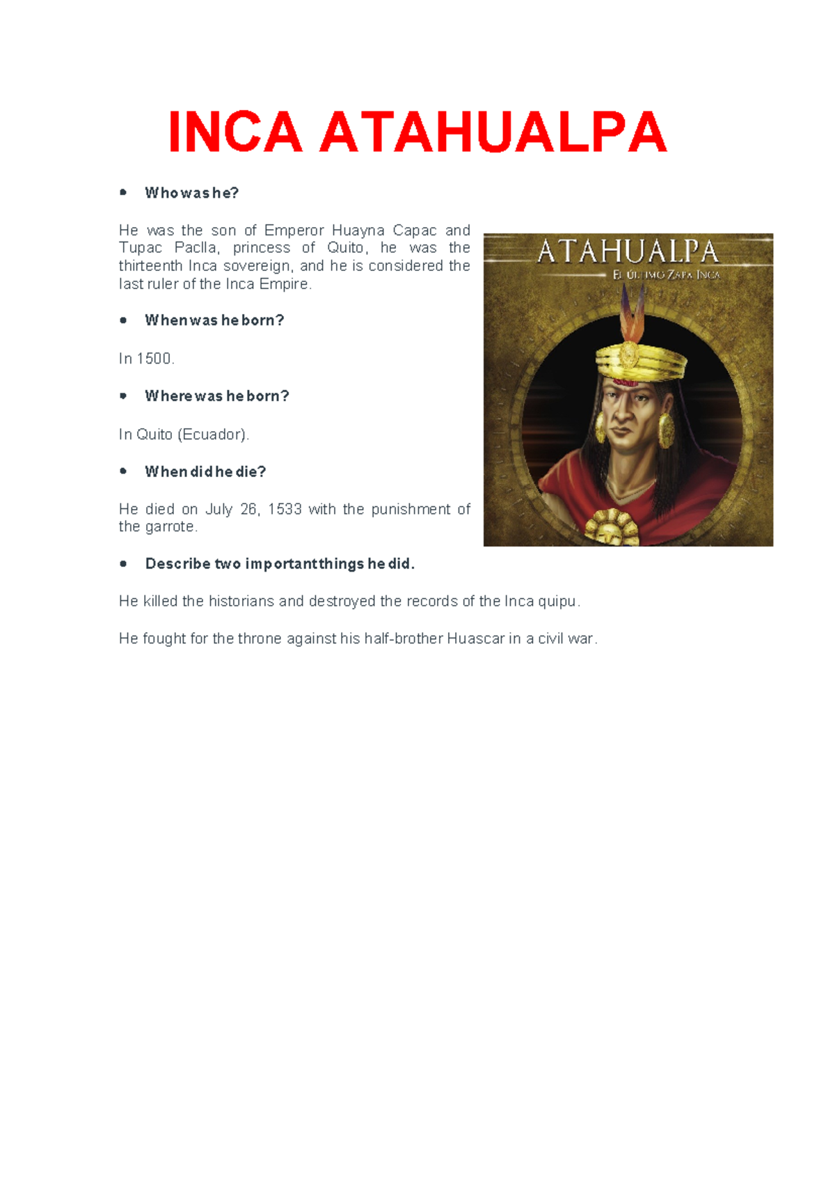 (AC-S04) Semana 04 - Tarea - INCA ATAHUALPA Who was he? He was the son ...