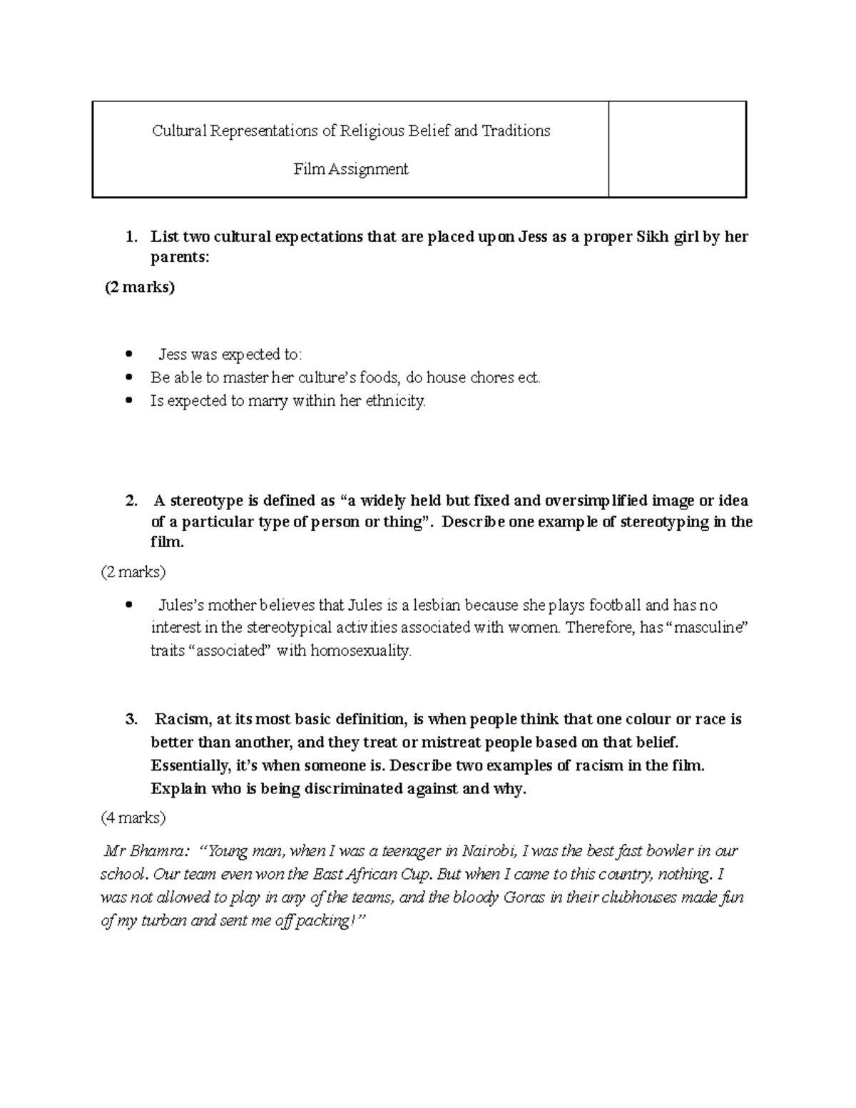 Bend it Like Beckham - easy - Cultural Representations of Religious ...