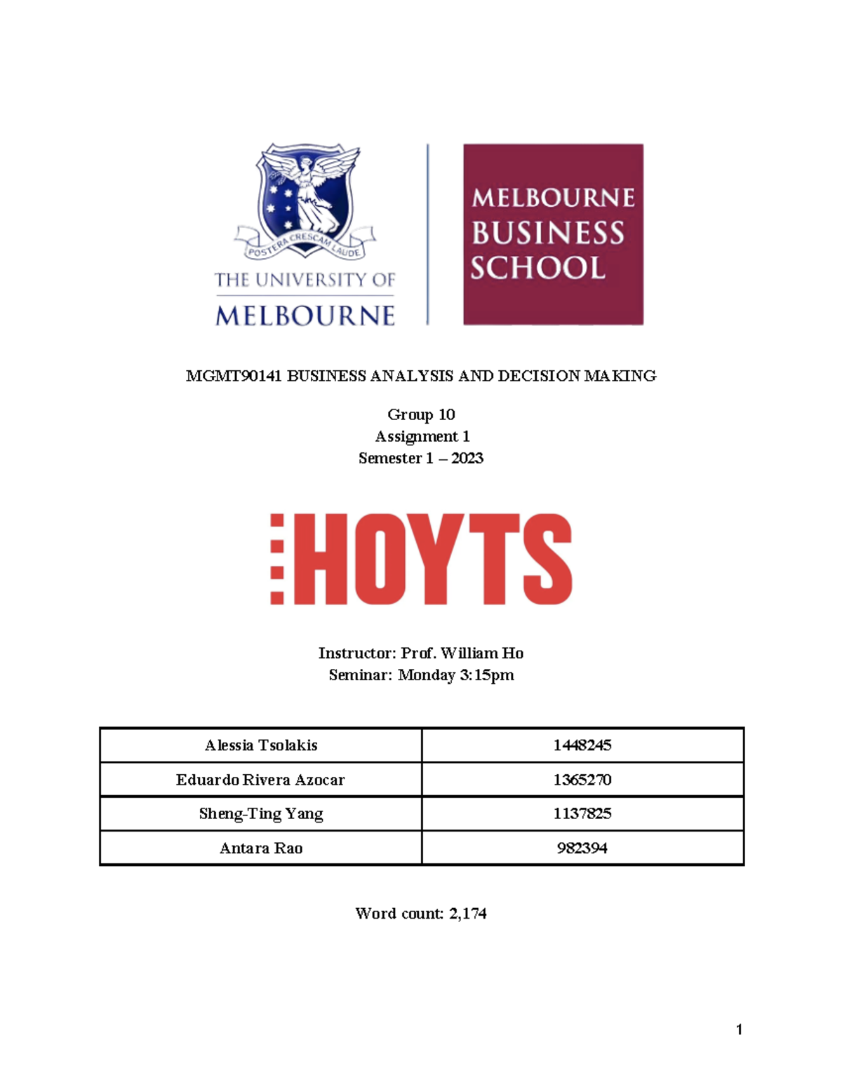 Assignment 1 - Hoyts Staff Scheduling Problem - MGMT90141 BUSINESS ANALYSIS AND DECISION MAKING ...
