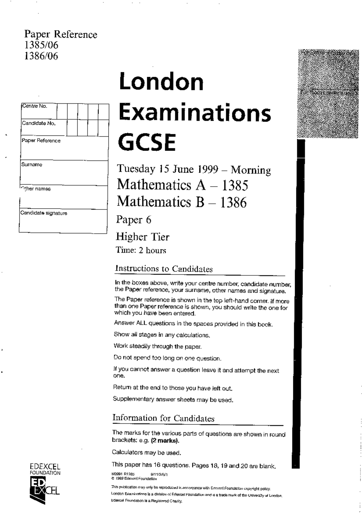 Higher GCSE, June 1999, Paper 6 - GPM001 - Studocu