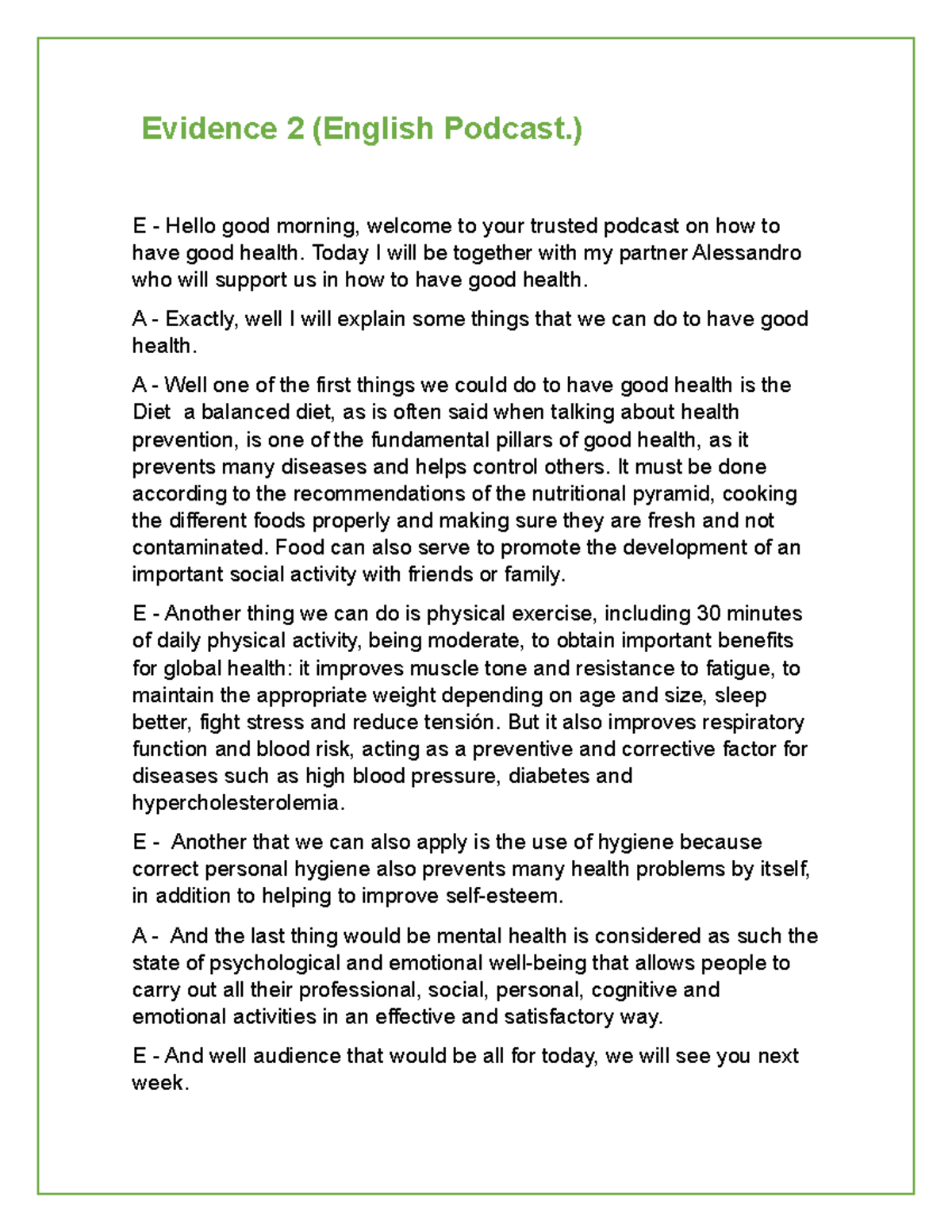 Evidence 2 of english III - Evidence 2 (English Podcast.) E - Hello ...