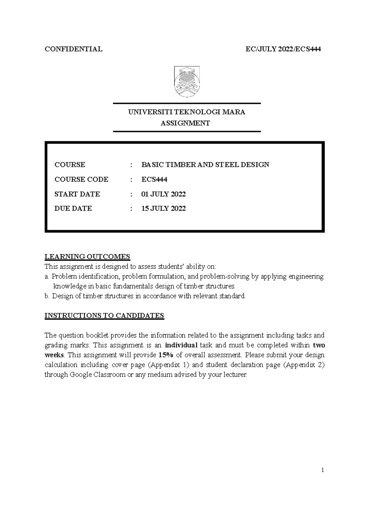 Assignment ECS444 July 2022 Question (1) - UNIVERSITI TEKNOLOGI MARA ...