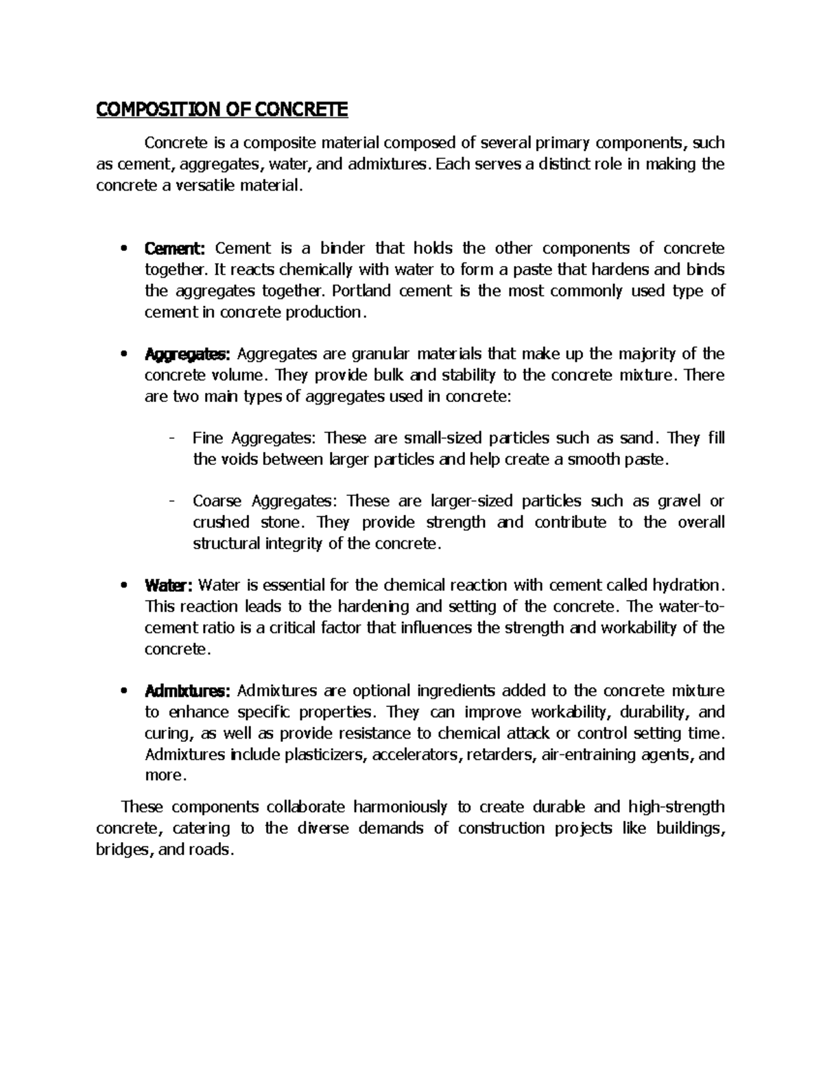 Composition and Production - COMPOSITION OF CONCRETE Concrete is a ...