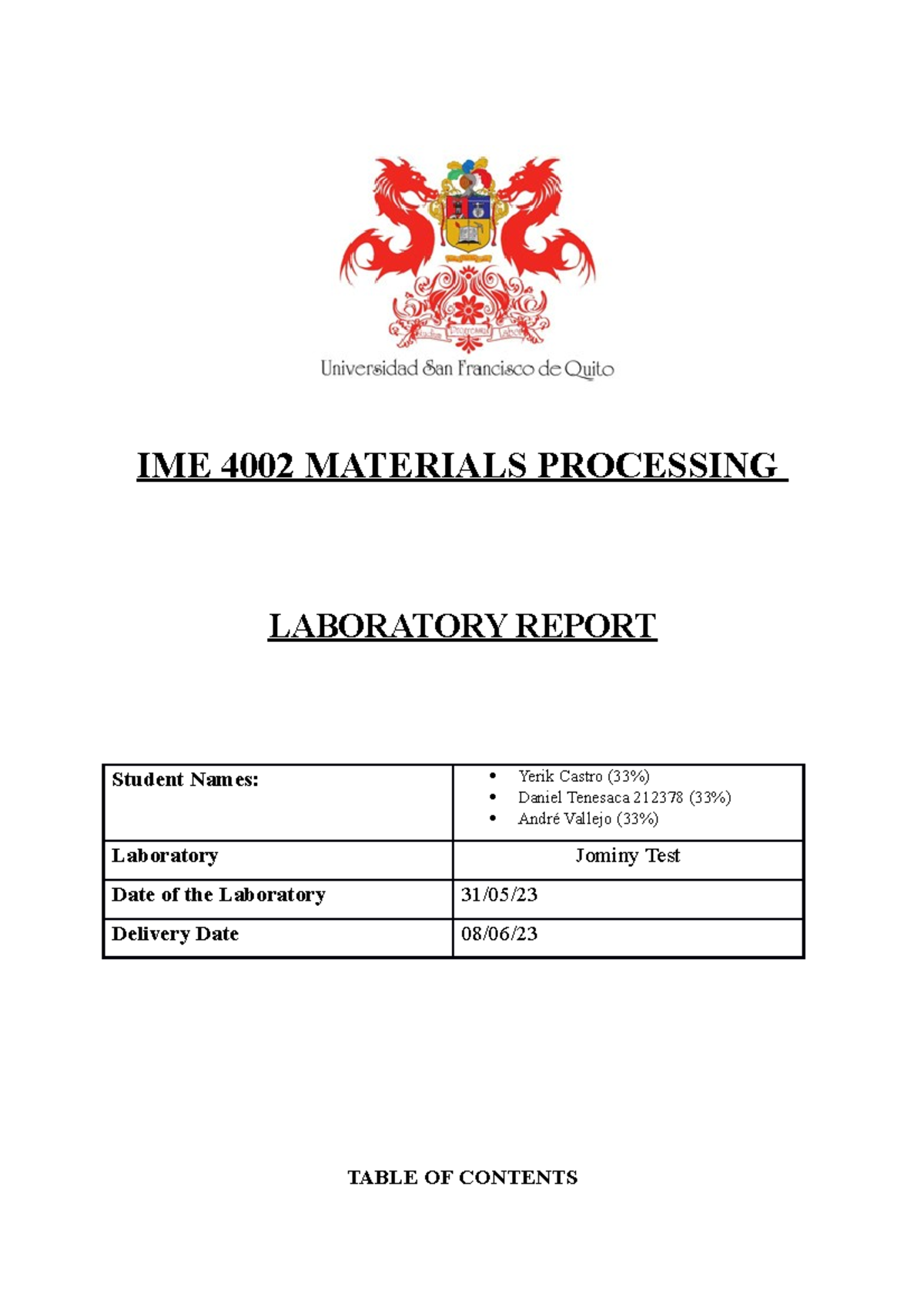 IME4002 Ensayo Jominy - IME 4002 MATERIALS PROCESSING LABORATORY REPORT ...