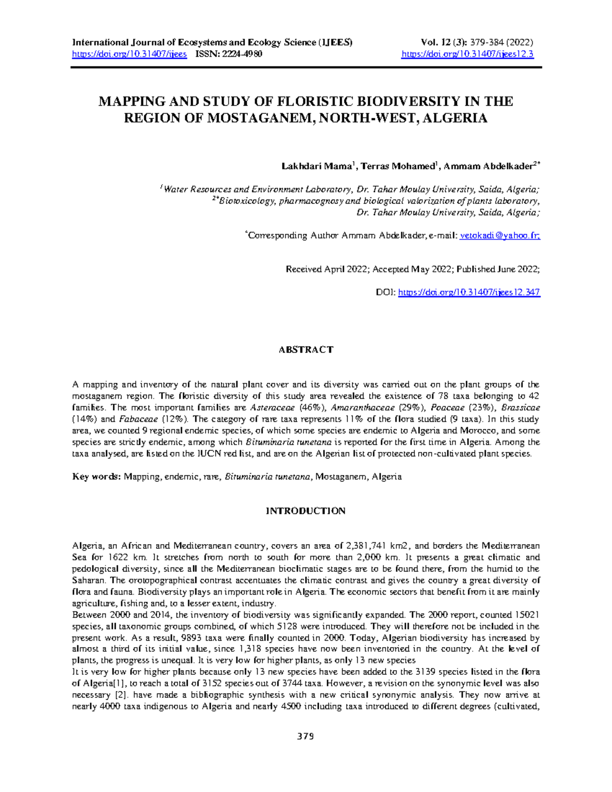 P. 379-384, Lakhdari Mama1, Terras Mohamed 1, Ammam Abdelkader 2, , Vol 12.3, 2022 ...