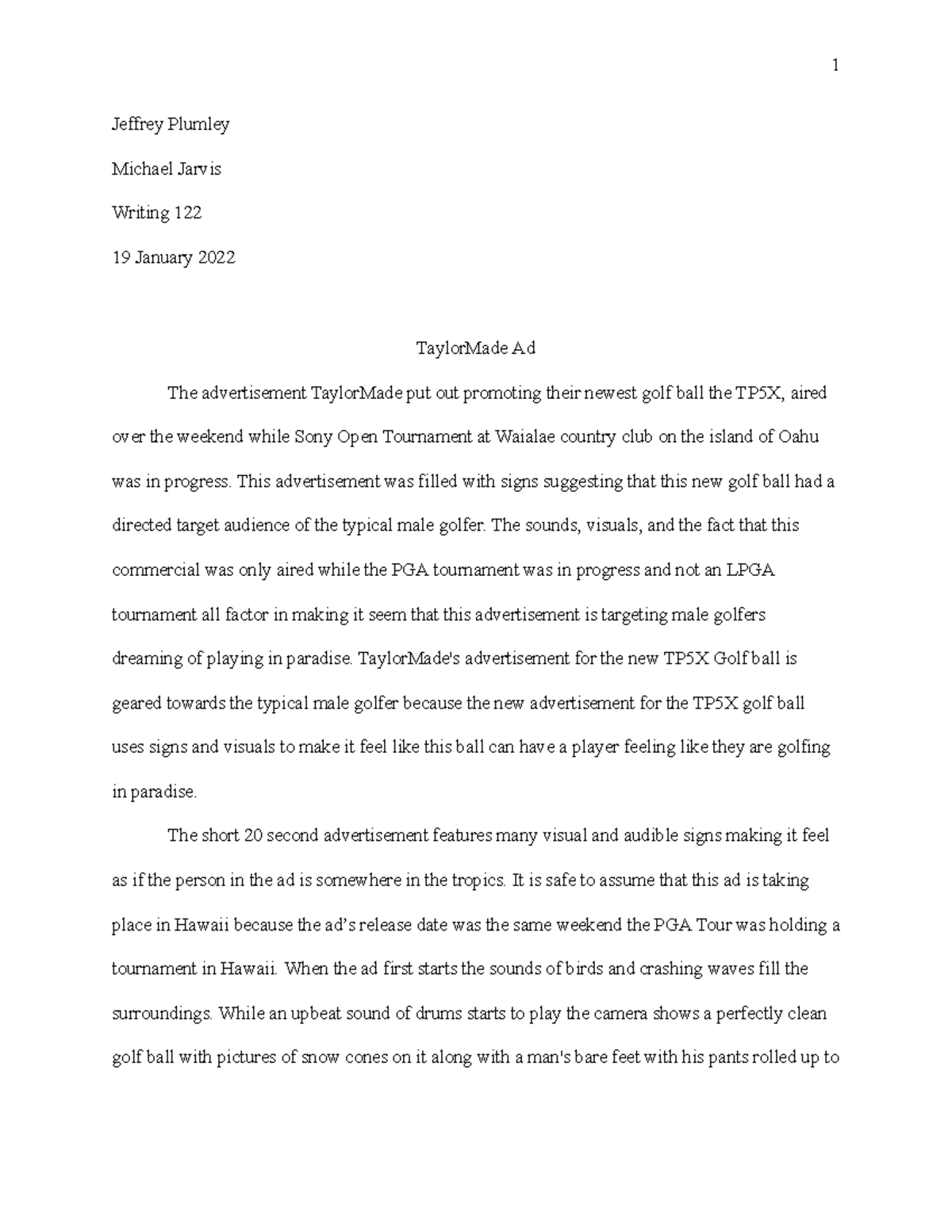 Taylor Made Ad Final Draft - Jeffrey Plumley Michael Jarvis Writing 122 ...