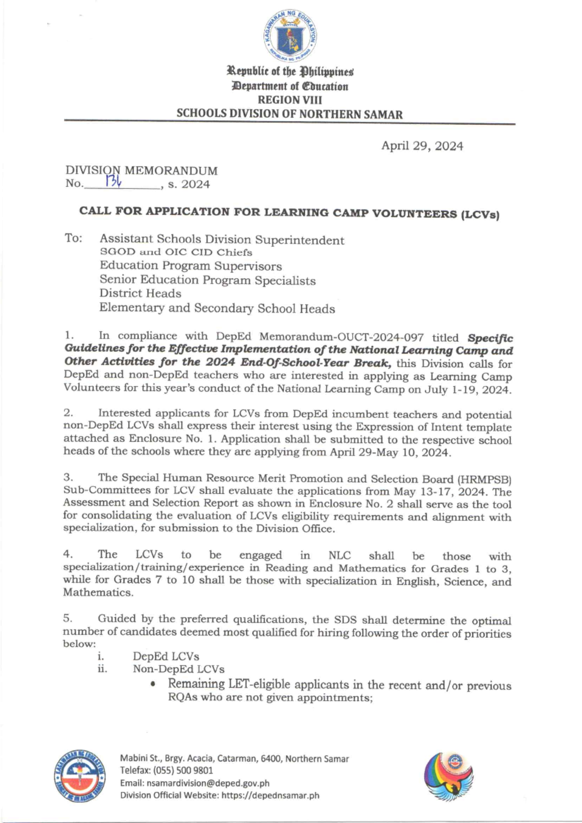 DM 136 s 2024 - Deped Memo - NG GREAT Republic of the Philippines ...