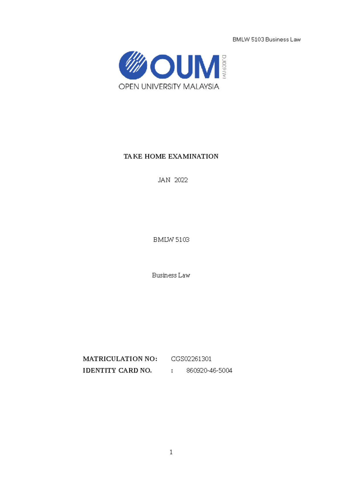 BMLW 5103 Lee Suann - sfsdg rgrfg - TAKE HOME EXAMINATION JAN 2022 BMLW ...