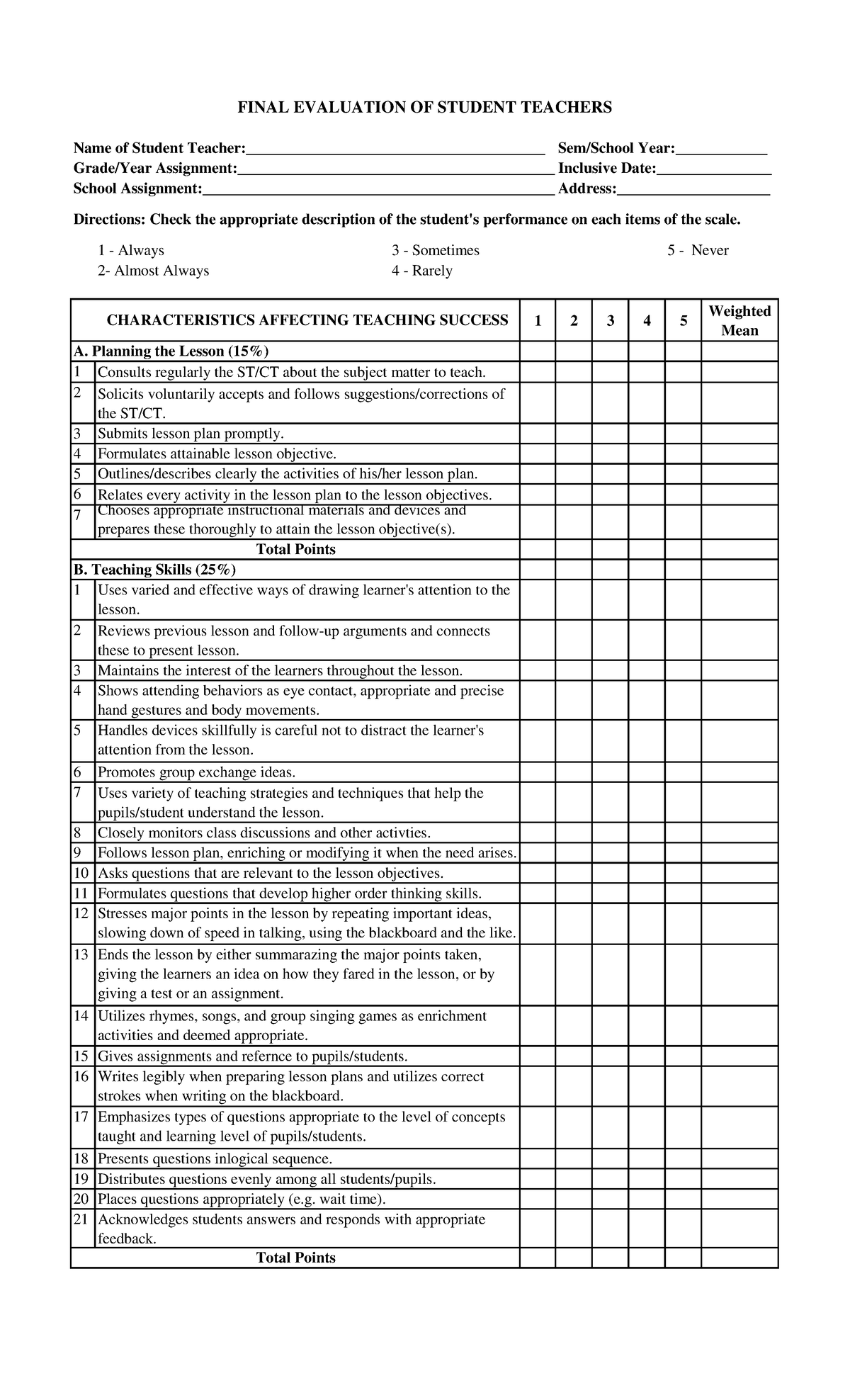 Final evaluation of student teachers - Name of Student - Studocu