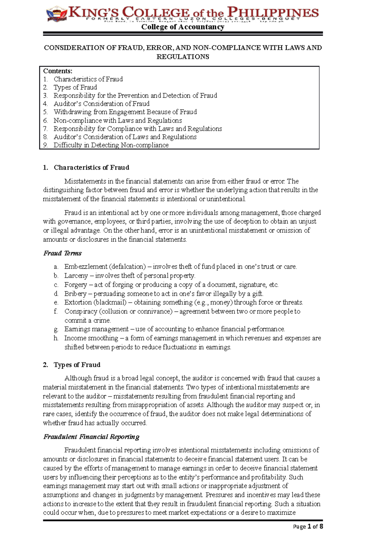 Lesson 15 Considering Fraud, Error and Non-compliance with Laws and ...