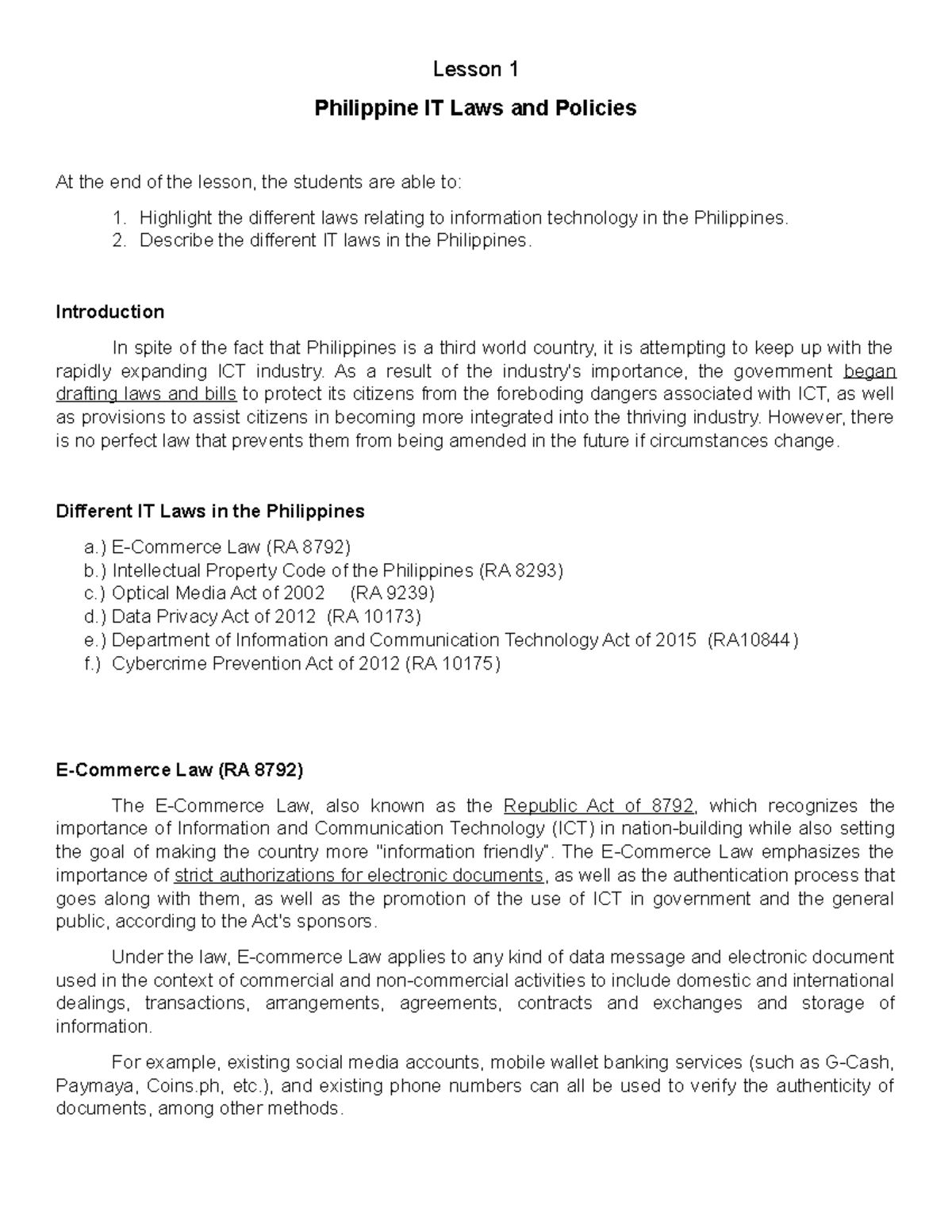 Lesson 1 Philippine IT Laws And Policies Describe The Different IT lesson-1-philippine-it-laws-and-policies-describe-the-different-it