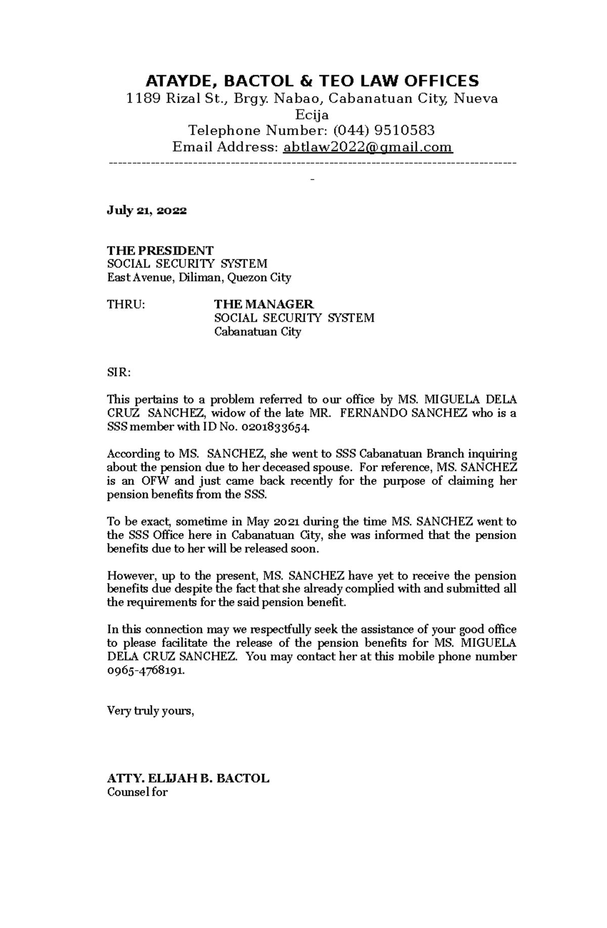 Letter SSS Sanchez - lecture - ATAYDE, BACTOL & TEO LAW OFFICES 1189 ...