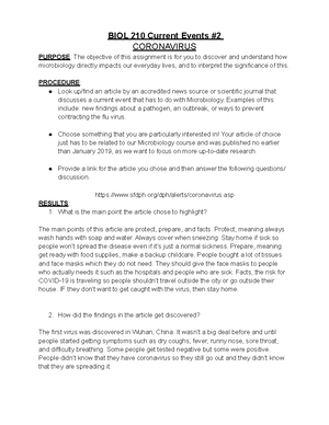 Current Event Assignment #1 - BIOL 210 Current Events PURPOSE : The ...