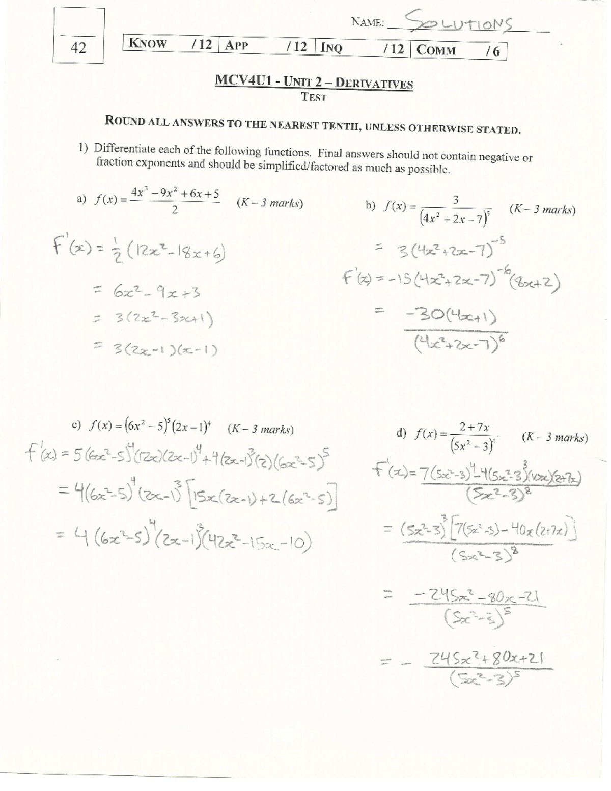 MCV4U Derivatives Practice Test - NAME: SOLUTIONS 42 KNOW APP INQ COMM ...