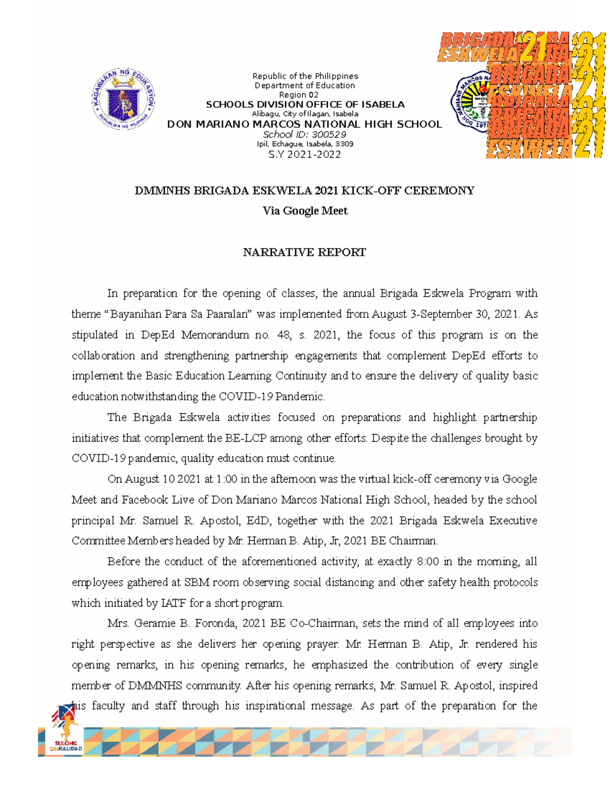 DMMNHS Holds Brigada Ekswela Virtual Kick off Republic Of The