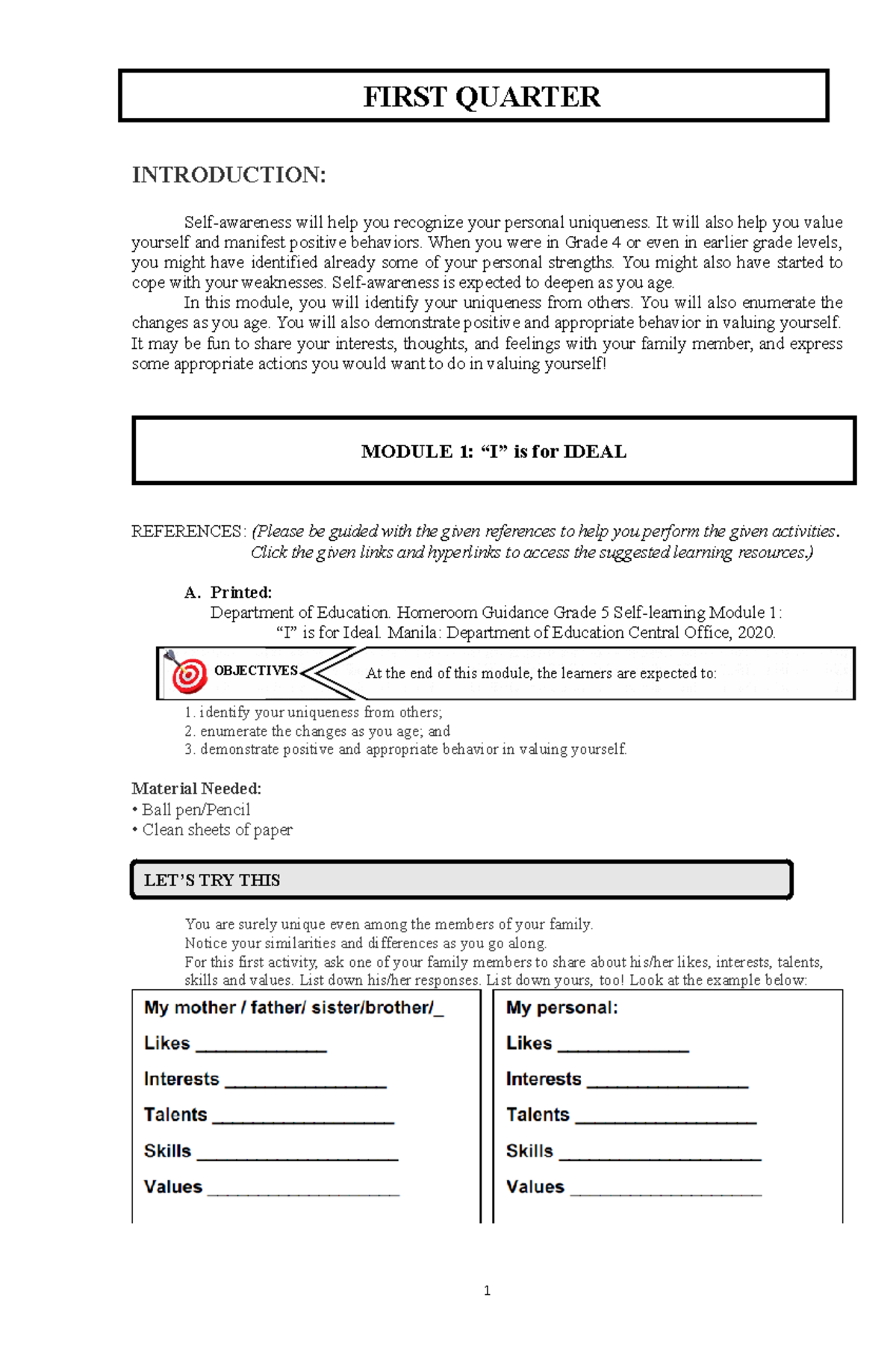 First Quarter - HG Module Grade 5 - INTRODUCTION: Self-awareness will ...