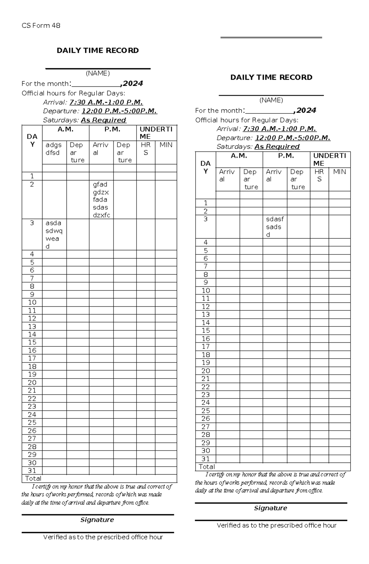 Era - qweasfa - CS Form 48 DAILY TIME RECORD ...